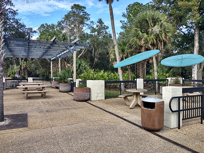 The picnic area offers shaded tables where you can enjoy a sandwich while contemplating why you ever waste money on beach resorts.