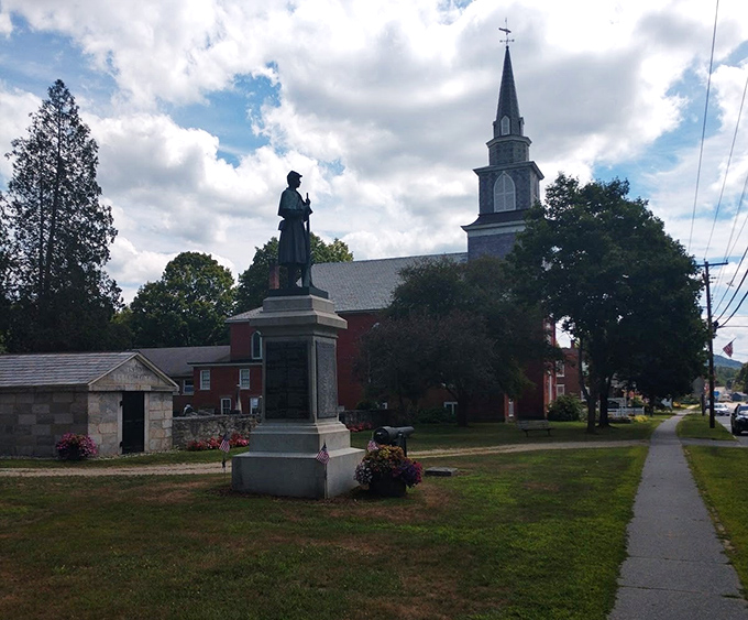 This stoic Civil War memorial stands guard over the village, a silent reminder of sacrifice amid the peaceful Vermont landscape.