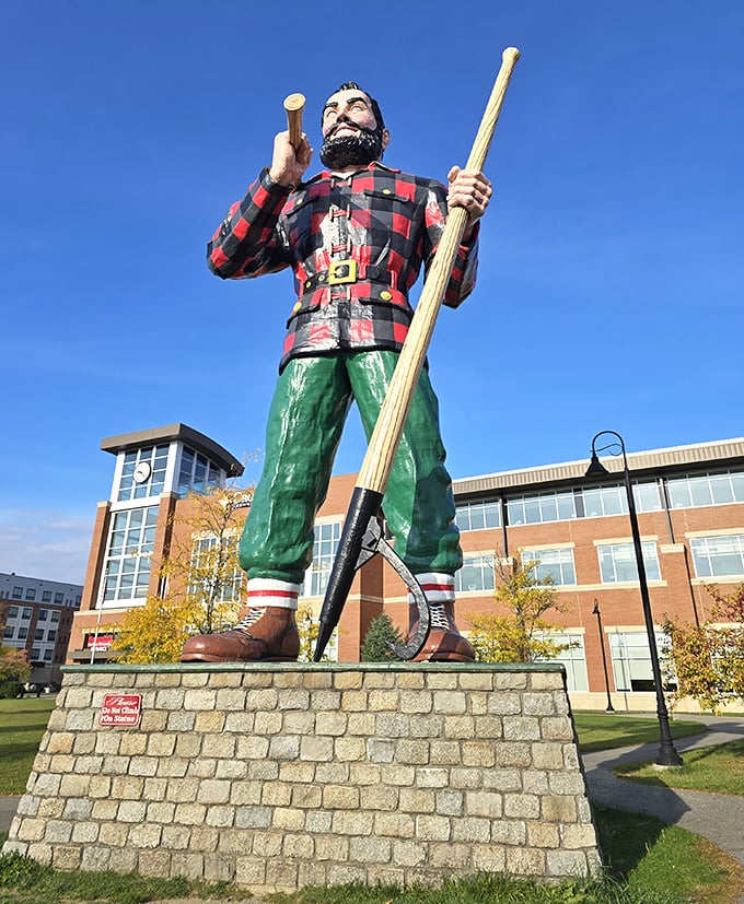 The iconic red and black plaid shirt pops against a perfect blue sky, making this giant a photographer's dream.