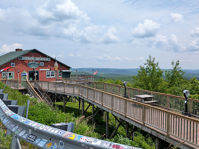 A rustic red beacon perched on the edge of forever, offering weary travelers ice cream with a side of infinity.