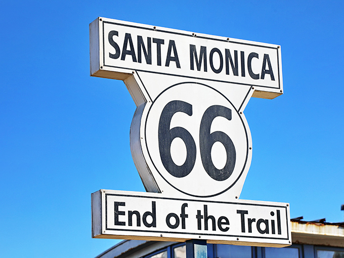 The simple "End of the Trail" sign marks the spot where America's most famous highway finally reaches the Pacific Ocean.