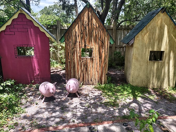 Playful fairy tale houses at the Children's Garden spark imagination, with the Three Little Pigs' homes recreated in child-sized scale for interactive fun.