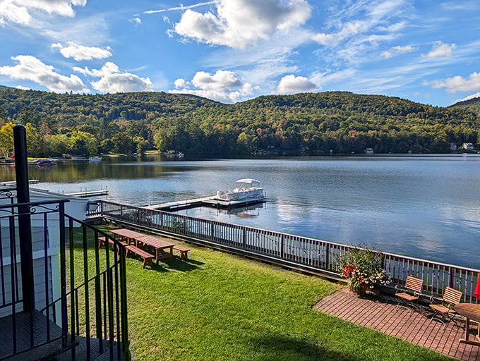 The lakeside pier: Morning mist might still be dancing across the water as you sip coffee from this perfect vantage point.