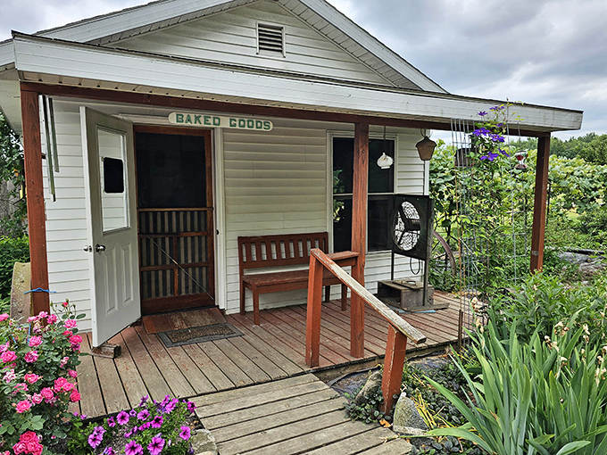 This charming white cottage with its "Baked Goods" sign and flower-lined porch is where Amish baking traditions come alive. Simple outside, magical inside!