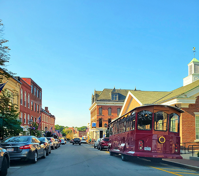 Bath's charming downtown features historic brick buildings, a classic trolley, and the perfect small-town vibe for a day of exploration.