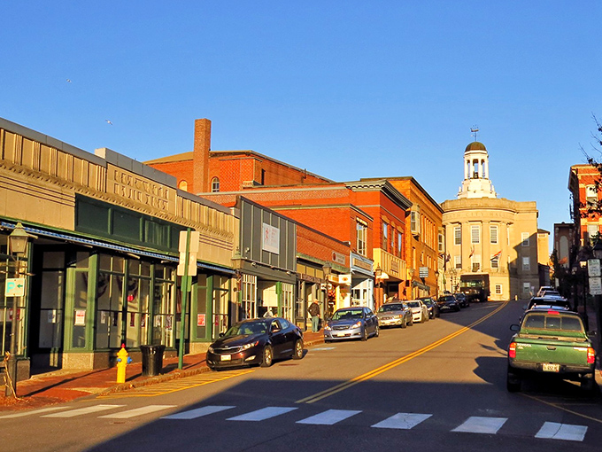 Bath's picturesque downtown features well-preserved brick buildings and the distinctive golden dome of City Hall gleaming in the sunlight.