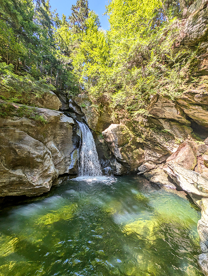 Bingham Falls' crystal pool beckons with emerald depths and sun-dappled surfaces &ndash; Mother Nature's own swimming hole.