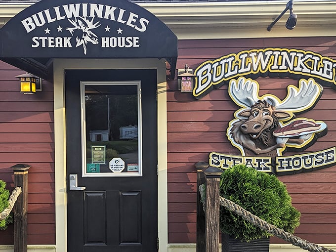 Bullwinkle's Steak House sports a cheerful moose mascot on its rustic red exterior. This Waldoboro gem has been satisfying carnivorous cravings for years.