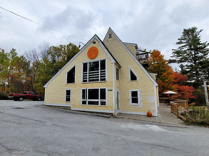 IPIE Pizzeria's distinctive A-frame building surrounded by fall foliage creates a quintessential Vermont dining experience.