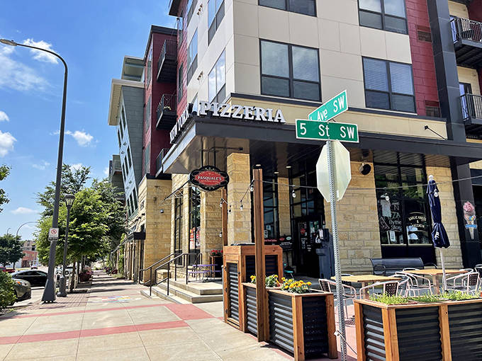 Pasquale's corner location features modern architecture and outdoor seating, creating the perfect urban pizza oasis in downtown Rochester.