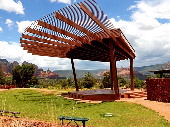 Sedona's stunning red rock backdrop transforms this simple pavilion into something extraordinary. Nature's grandeur meets human creativity.
