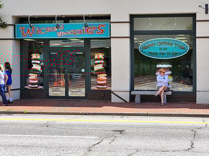 Wicked Whoopies announces itself with playful confidence! The bright turquoise storefront and stacked whoopie pie graphics promise sweet adventures inside.