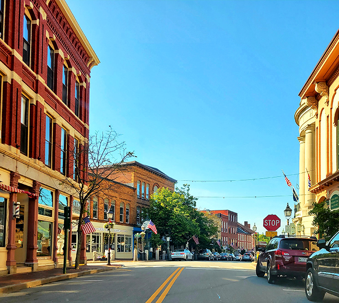 Stroll through Bath's historic streets lined with beautifully preserved buildings and American flags, a living museum of Maine's maritime heritage.