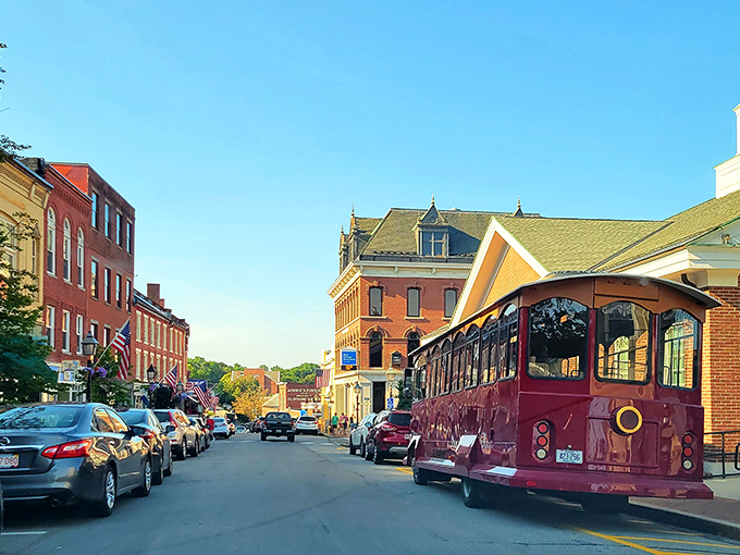 A trolley adds vintage charm to Bath's historic main street, where colorful shops welcome visitors to this classic shipbuilding town.