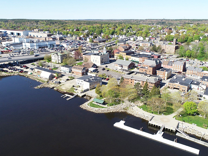 An aerial view of Bath reveals its strategic position along the Kennebec River, where shipbuilding traditions continue to this day.