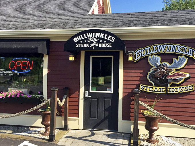 The charming entrance to Bullwinkle's features flower pots and a rope fence, adding to the homey feel of this family-friendly steakhouse.