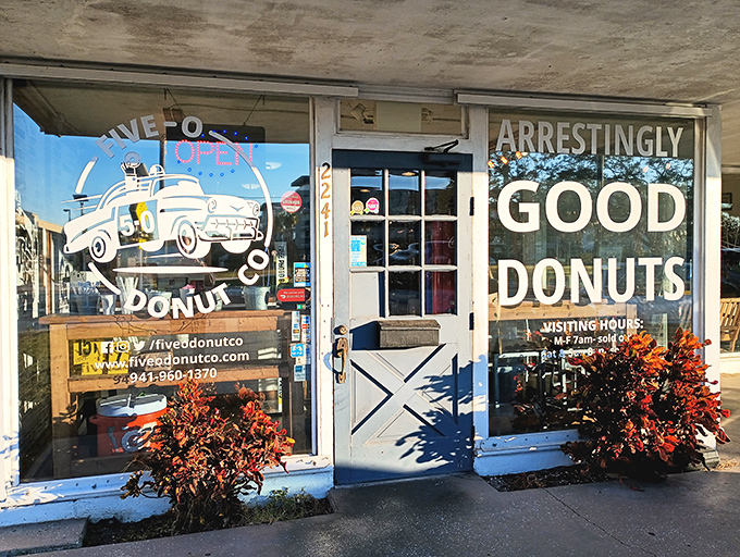 The blue door and vintage police car logo at Five-O Donut Co invite sweet-toothed "suspects" to surrender to temptation.