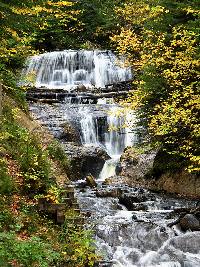 Golden autumn light bathes Sable Falls, where water dances down multiple tiers surrounded by Michigan's vibrant fall foliage.