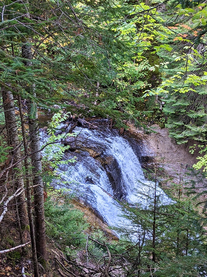The crystal clear waters of Sable Falls cut through dense woodland, offering a refreshing sight after hiking down those famous wooden steps.