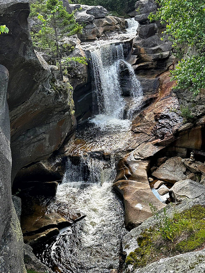 The powerful cascade at Screw Auger Falls plunges into a crystal-clear pool, surrounded by smooth stone shelves.