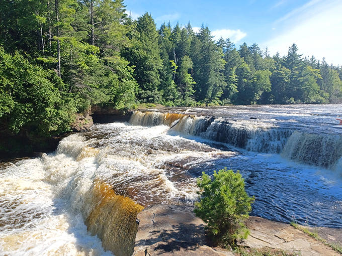 The Upper Peninsula's crown jewel waterfall glows with rich tannin-stained waters, a stark contrast against the surrounding evergreen wilderness.