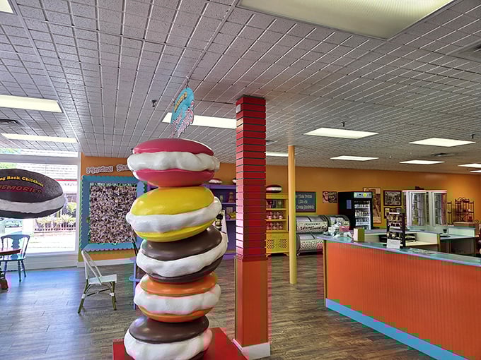 Inside Wicked Whoopies, a towering sculpture of colorful whoopie pies stands like a dessert lighthouse, guiding sweet-toothed sailors to sugary shores.