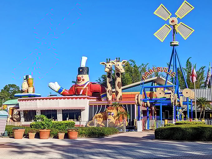 Amber Village's whimsical design looks like it jumped straight out of a storybook, complete with a friendly giraffe greeting guests.