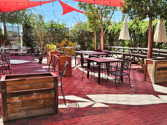 Dappled sunlight filters through mature trees onto the back patio, where wooden planters and red brick create a garden-party vibe.