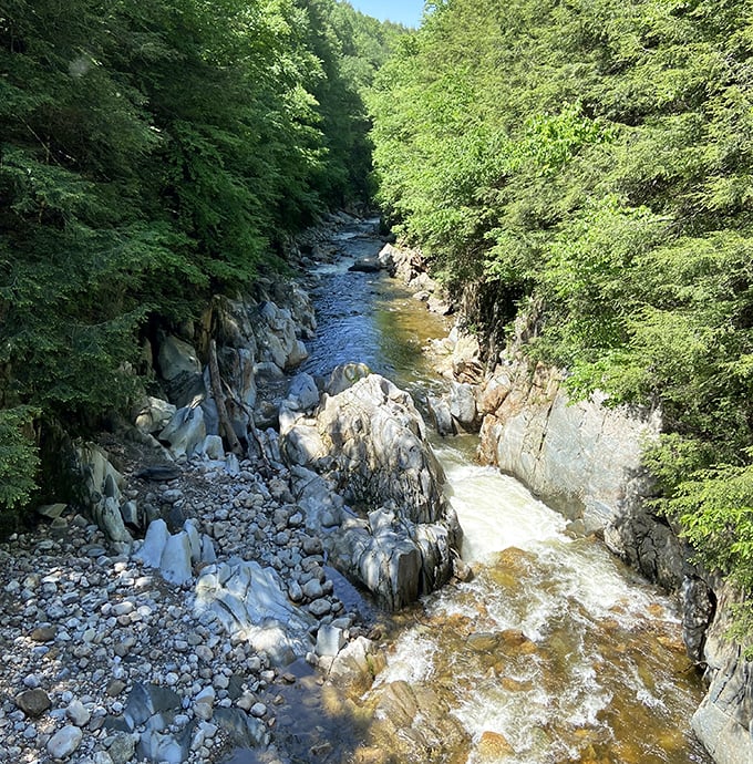 Nature's masterpiece: Mill River carves its determined path through Clarendon Gorge, creating a living sculpture of water and stone.