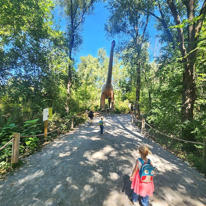Walking toward towering dinosaur sculptures feels like stepping into Jurassic Park, minus the running and screaming, plus significantly better safety protocols for everyone involved.