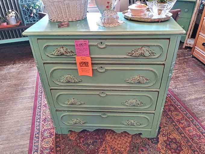 This mint-green chest of drawers tells stories of decades past while offering stylish storage for modern treasures.