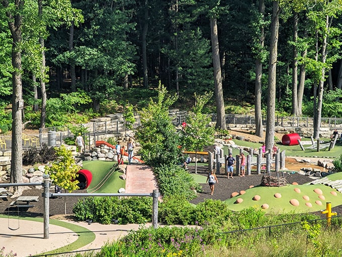 Kids scramble over nature-inspired playground structures while parents catch their breath, childhood joy with a forest backdrop.