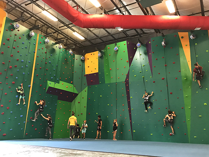 Indoor Climbing Walls: Vertical challenges that transform ordinary humans into spider-people, scaling colorful heights with determination and questionable technique.