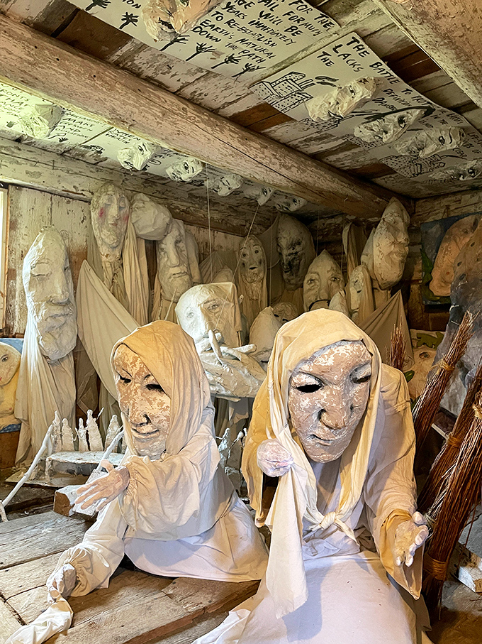 A haunting congregation of paper-m&acirc;ch&eacute; faces watches silently from the rafters, like a council of elders waiting to share ancient wisdom.