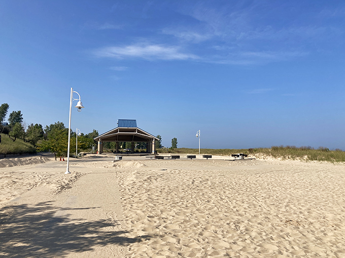 Jean Klock Park's golden sands invite barefoot wandering, where Lake Michigan's refreshing waters meet the shore in a perfect summer embrace.