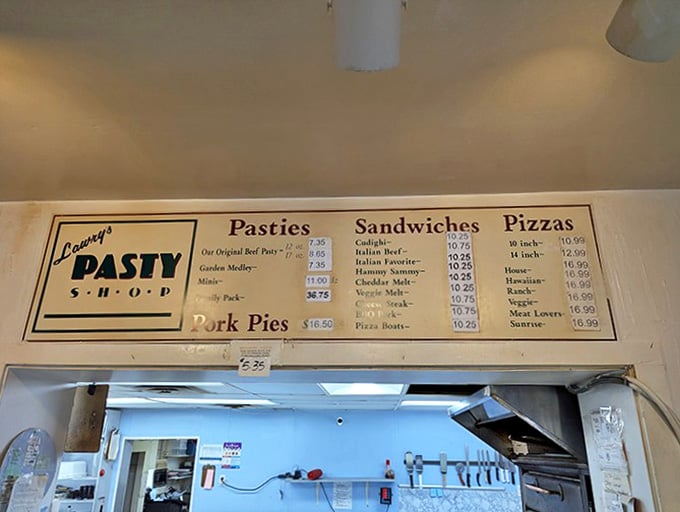 The menu board at Lawry's reads like a love letter to comfort food&mdash;pasties, sandwiches, and pizzas that promise satisfaction without pretension.
