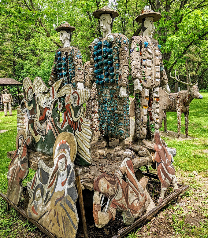 These stoic figures tell tales of Wisconsin's past—lumberjacks and Native Americans frozen in time through concrete and colorful glass.