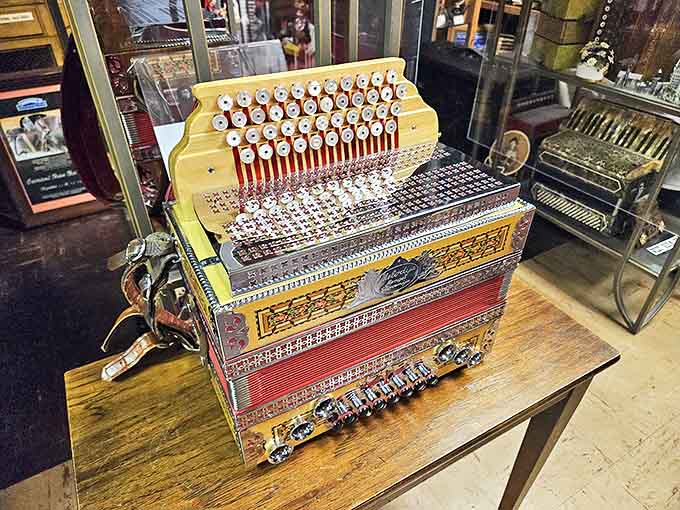 This ornate Slovenian button accordion showcases the intricate craftsmanship that transforms these instruments from musical tools into works of functional art.