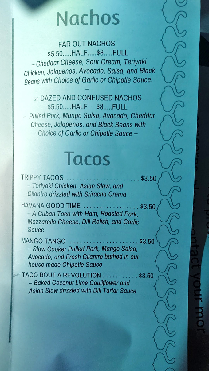 The menu reads like a mixtape of flavor hits, with cleverly named dishes that make ordering half the fun. "Far Out Nachos," anyone?