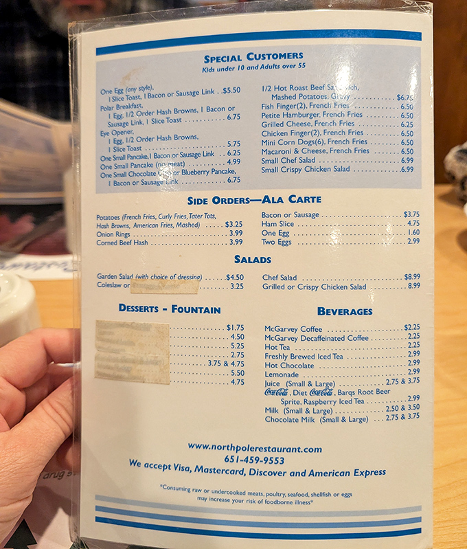 The menu at North Pole Restaurant reads like a love letter to breakfast classics, with special sections for seniors and kids.