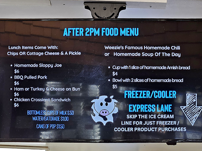 Decisions, decisions! The after-2PM menu tempts with homemade comfort foods like Sloppy Joes and Weezie's famous chili &ndash; perfect companions to that inevitable ice cream finale.