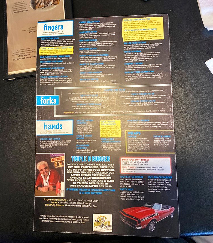 The menu breaks down into "fingers," "forks," and "hands" categories &ndash; a practical roadmap to delicious decisions. That Triple D Burger has Guy Fieri's stamp of approval.