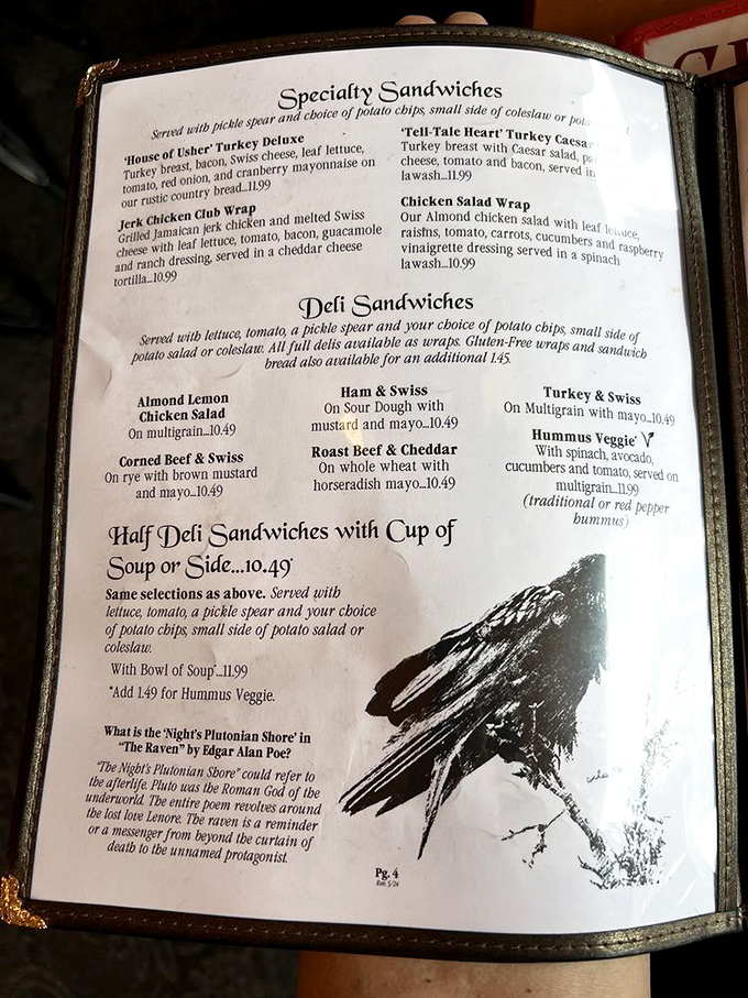 The menu itself tells a story, with Poe-inspired sandwiches like "Tell-Tale Heart" Turkey Caesar and literary footnotes explaining the poet's darker references.