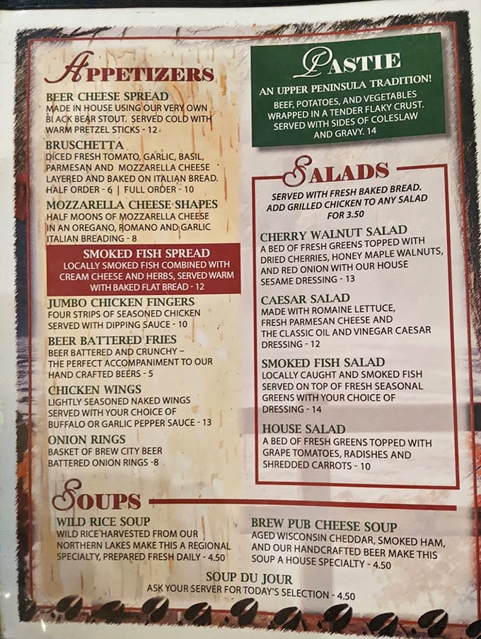 The menu tempts with local specialties like beer cheese spread and wild rice soup &ndash; comfort food that tells the story of Michigan's Upper Peninsula.