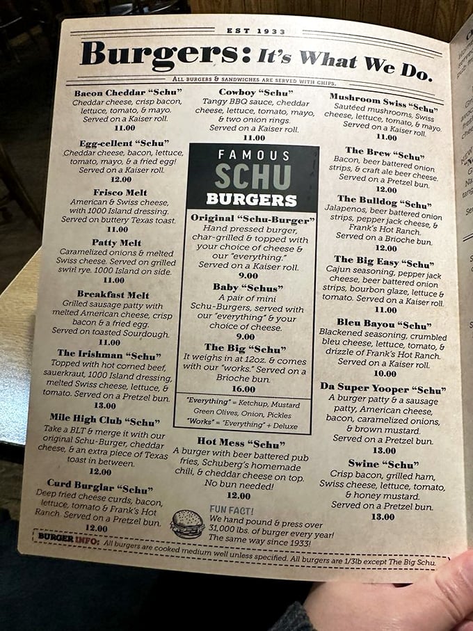 The menu reads like a love letter to American comfort food, with the "Fun Fact" boasting 31,000 pounds of hand-pounded burger served yearly.