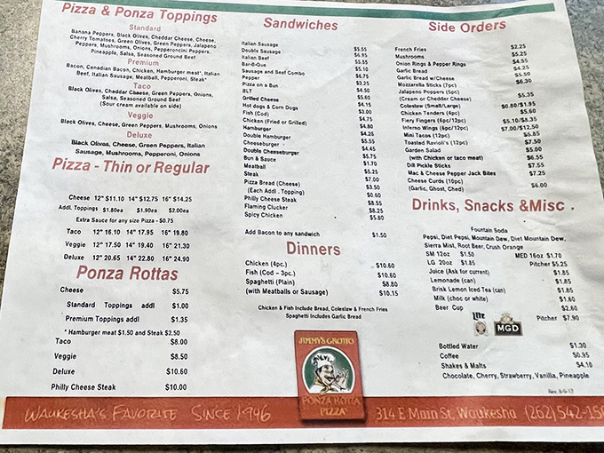 The menu at Jimmy's Grotto reads like a love letter to Wisconsin comfort food – ponza rottas, pizza, and plenty of deep-fried goodness.