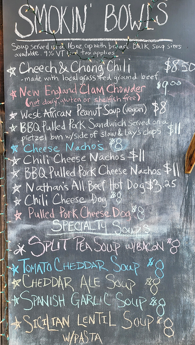 The chalkboard menu reads like a love letter to comfort food. That Cheech & Chong Chili with local grass-fed beef isn't joking around.