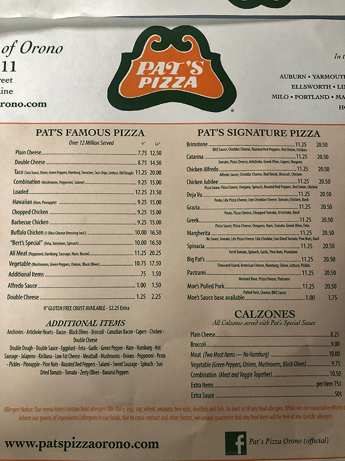 Pat's legendary menu showcases decades of pizza mastery, from classic cheese to loaded specialty pies.