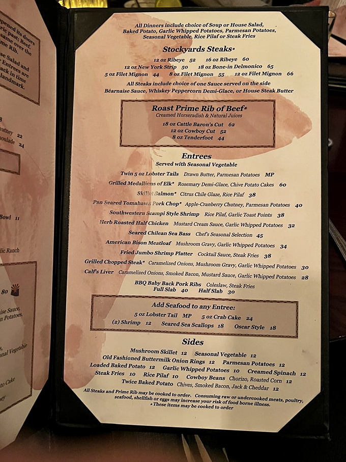 The menu reads like a carnivore's dream journal, prime cuts, classic preparations, and sides that refuse to be upstaged.