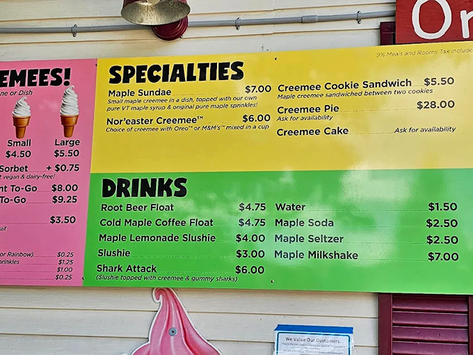 The colorful menu board outside promises maple magic in every form, from sundaes to slushies, each one sweeter than the last.
